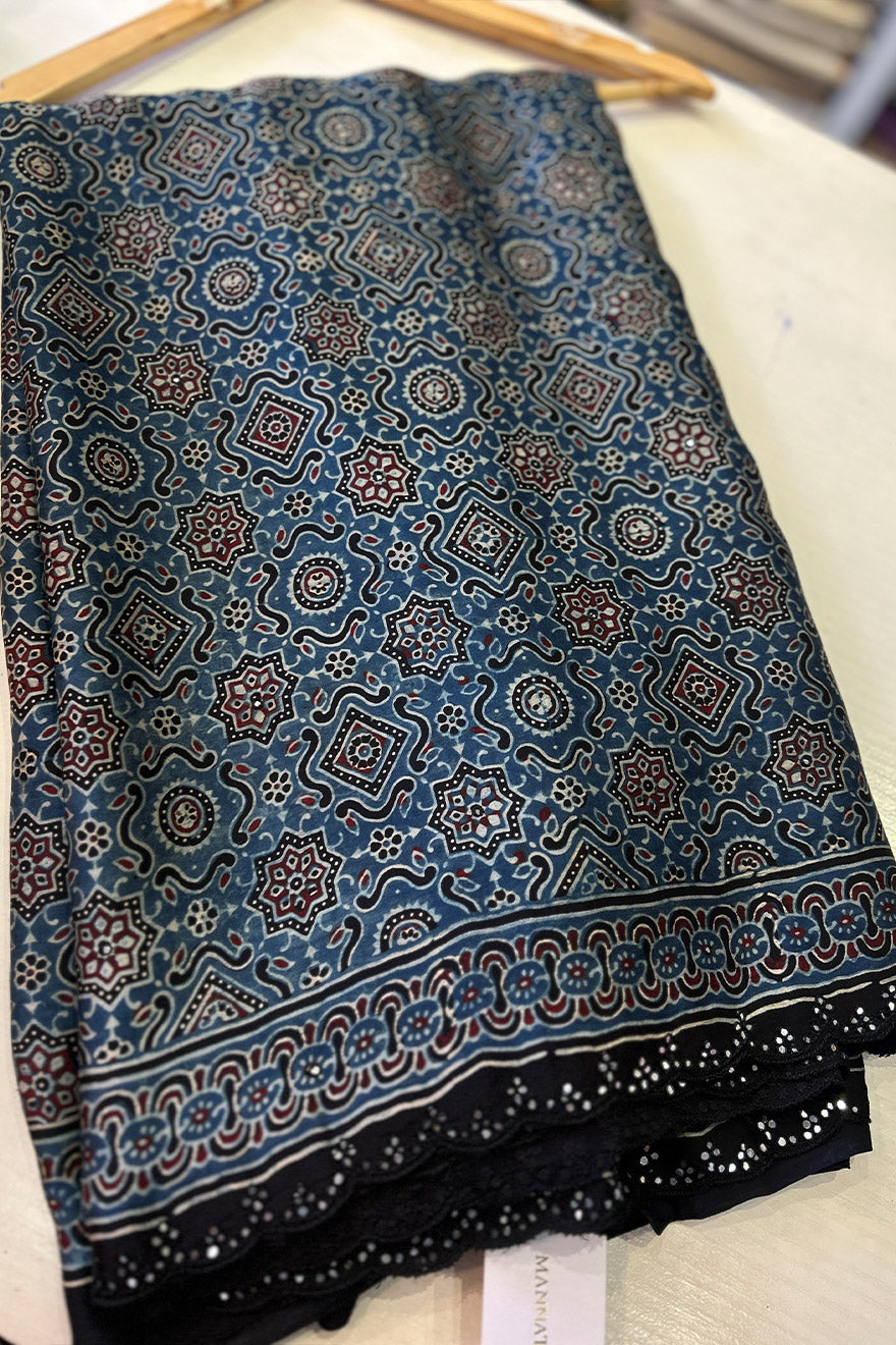 Pure modal silk saree with mirror work-indigo and black– House of Mannath